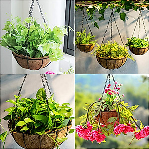 EIMQUVW 4 Pack Hanging Planter Basket with Coco Coin Liner 8 inch Hanging Flower Pots Outdoor Decorative Round Wire Plant Holder with Chain Metal Hanging Baskets for Plants Outdoor