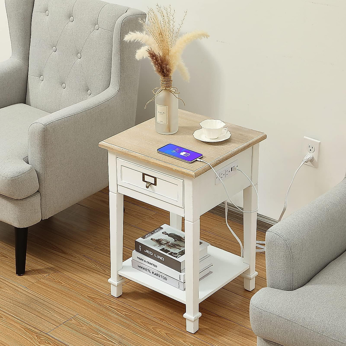 Wnutrees End Table with Charging Station,2 USB Ports and 2 Outlets,Nightstand Bedside Table with Drawer and Open Storage Shelf,for Living Room Bedroom,White,Set of 2