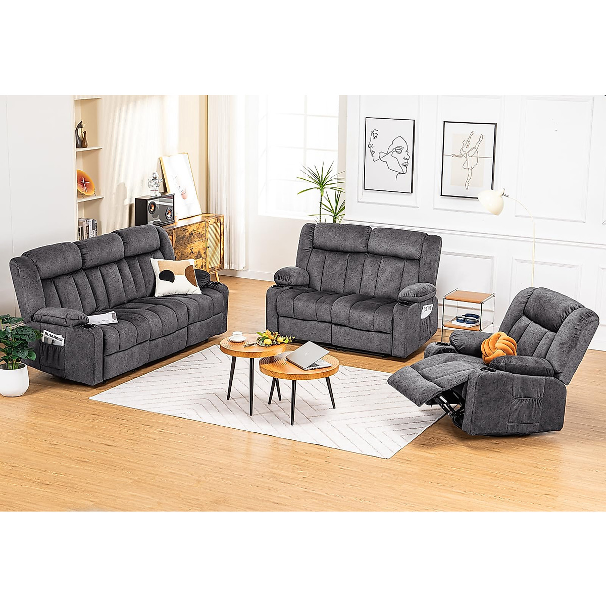COMHOMA Manual Recliner Chair Set，Fabric Reclining Sofa Chair with Cup Holders, Upholstered Recliner with Side Pockets Suitable for Living Room Furniture (3+2+1)