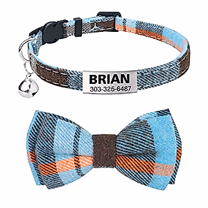 TagME Personalized Cat Collar, Breakaway Tartan Kitten Collar with Cute Bow Tie & Bell, Stainless Steel Slide-on Pet ID Tag Engraved with Name & Phone Numbers, Haze Blue