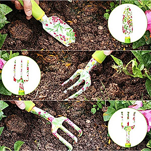 Garden Tool Set, 6 PCS Heavy Duty Aluminum Gardening Hand Tools Kit, Floral Print Gardening Tool Set, Gardening Gifts for Women with Pruning Shears Weeder Hand Rake Shovel Transplanter Cultivator