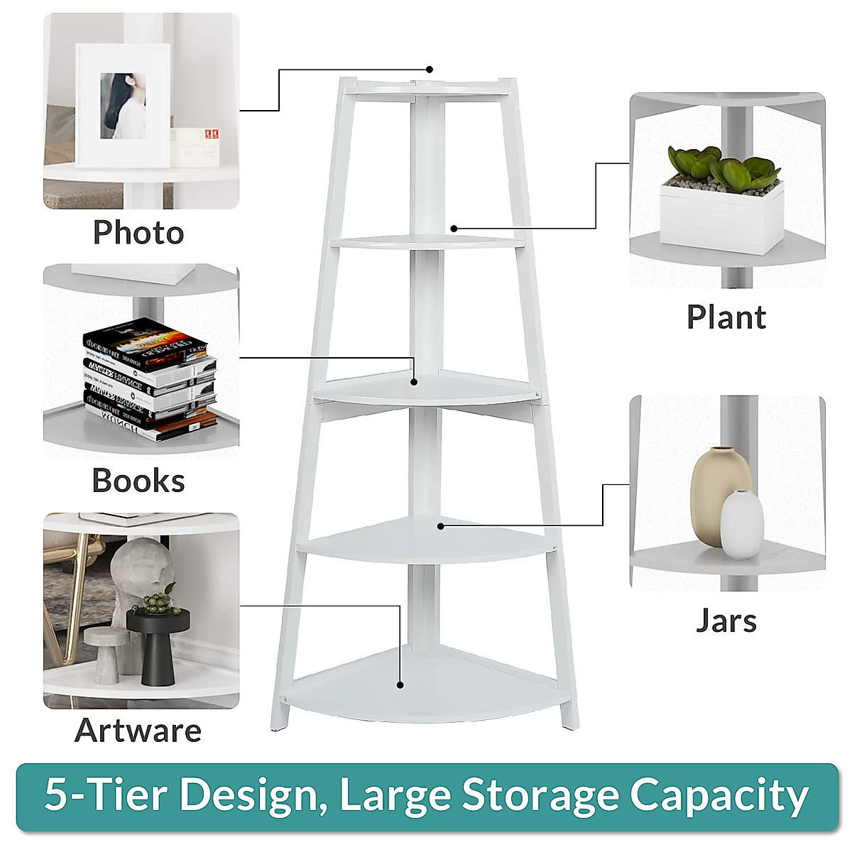MEETWARM 5 Tier Corner Bookshelf Corner Ladder Shelf Small Bookcase Display Storage Organizer Stand Rack for Living Room Home Office and Kitchen (Coffee)