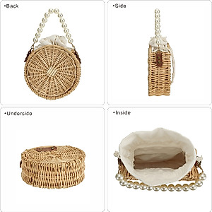 So'each Women Handmade Rattan Wicker Woven Artificial Pearl Circle Shoulder Bag