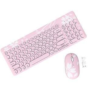 Mytrix Cute Sakura Pink Wireless Keyboard Mouse Combo, Retro Type-Writer Keys, 2.4G USB Slim Keyboard Mouse Set with Numeric Keypad for Computer, Laptop, Desktops, Pc, Mac(KMCS01)