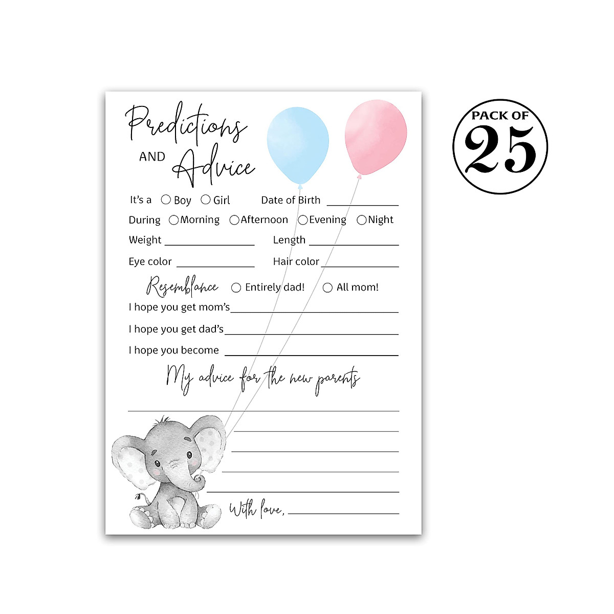 GENDER REVEAL Prediction and Advice Cards - Pack of 25 - Elephant Blue or Pink Baby Shower Games, New Parents, Mom & Dad to be, Mommy & Daddy Message, Coed Shower Activity Keepsake Book G510-PDAV