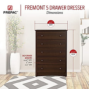 Prepac Fremont Superior 5-Drawer Chest for Bedroom - Spacious and Stylish Chest of Drawers, Measuring 17.75"D x 31.5"W x 44.75"H, In Espresso Finish