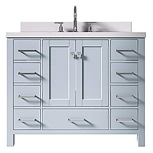 ARIEL Bathroom Vanity 43" Inch in Grey with Pure White Quartz Countertop, Rectangular Sink, 2 Soft Closing Doors and 9 Full Extension Dovetail Drawers, No Mirror