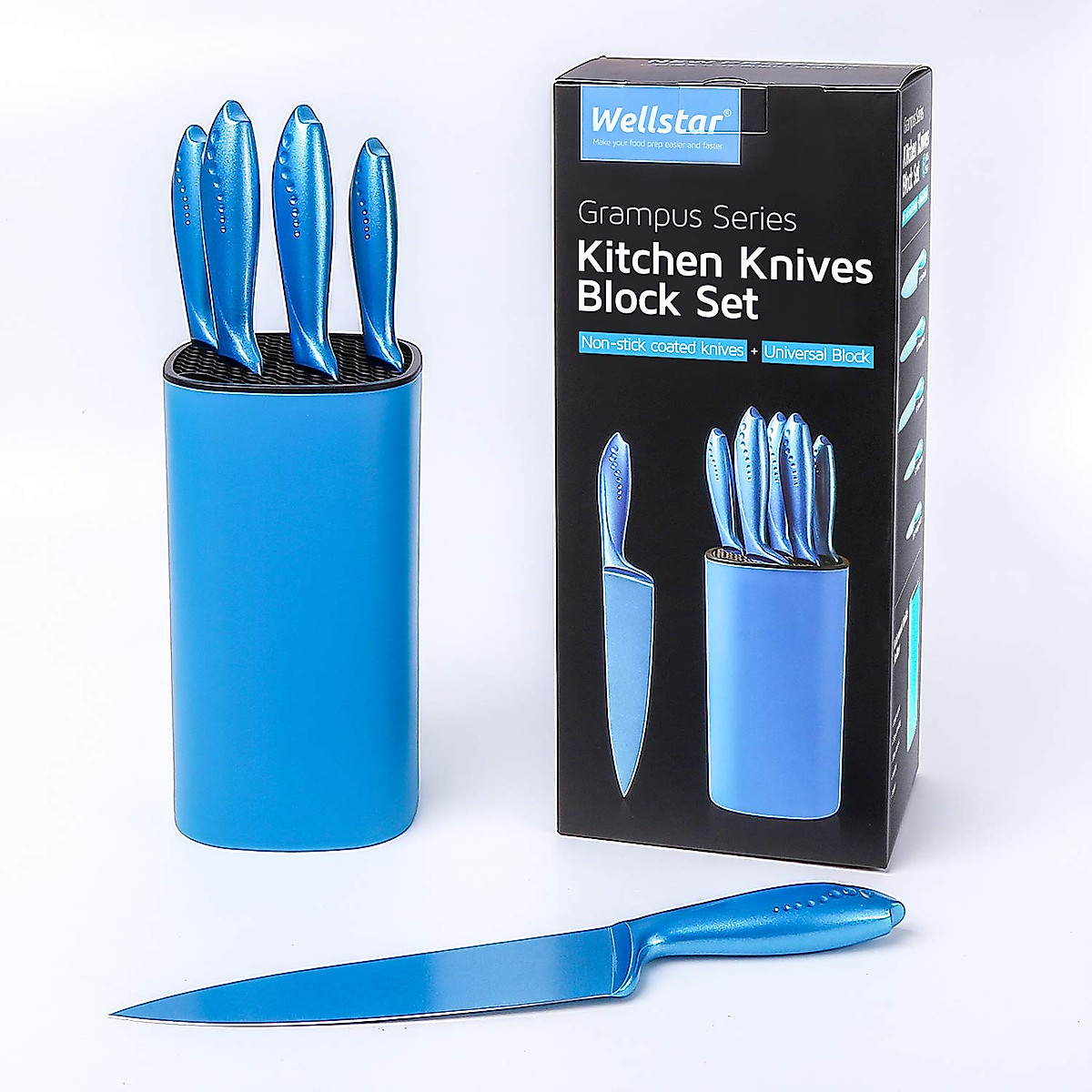 WELLSTER Blue Kitchen Knife Set with Block, 6 Pieces Knives Universal Holder Set, German Stainless Steel Blade Non-Stick Coated Chef Carving Bread Utility Paring Knives