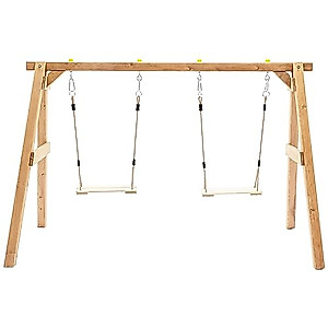Heavy Duty Wooden Swing Frame for Kids, Upgraded A-Frame Porch Swing Bench Stand for Indoor Outdoor with 2 Pinch Free Belt Swings