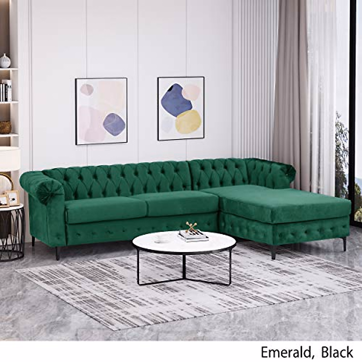 Christopher Knight Home Frieda Velvet 3 Seater Sectional Sofa with Chaise Lounge, Emerald, Black