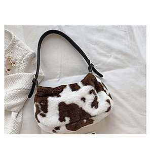Women Fluffy Faux Fur Cow Print Shoulder Bag Clutch Purse Underarm Handbag Satchel Zipper Tote Bag Purse