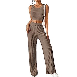 ZAFUL Women Two Piece Pajamas Set Solid Ribbed Knit Crop Tank Top Wide Leg Pants Loungewear Set
