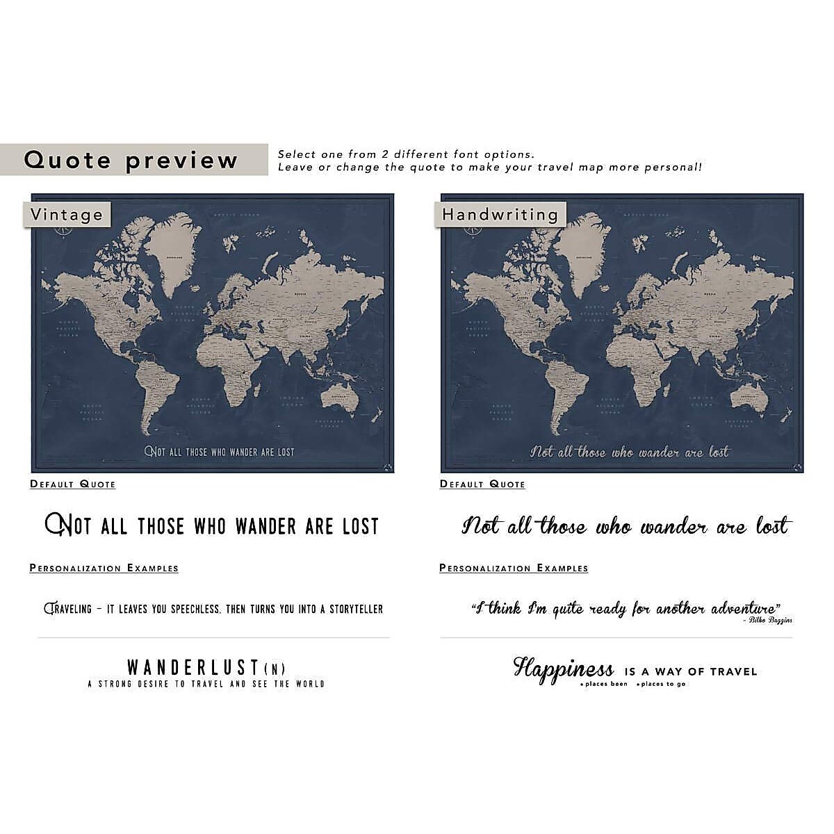 Framed Travel Map With Pins World Personalized | Premium Push Pin Travel Map | Various Color and Size Options | 24" x 32" up to 40" x 53"