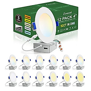 zouzai 12 Pack 4 Inch 5CCT Ultra-Thin LED Recessed Ceiling Light with Junction Box, 2700K/3000K/3500K/4000K/5000K Selectable, 9.5W 80W Eqv, Dimmable, led can Lights - ETL Certified
