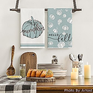 Artoid Mode Blue Watercolor Pumpkin Hello Fall Kitchen Towels Dish Towels, 18x26 Inch Seasonal Decoration Hand Towels Set of 2