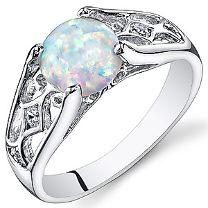 PEORA Created White Fire Opal Ring for Women 925 Sterling Silver, Venetian Vintage Design, 1.25 Carats Round Shape 7mm, Size 8