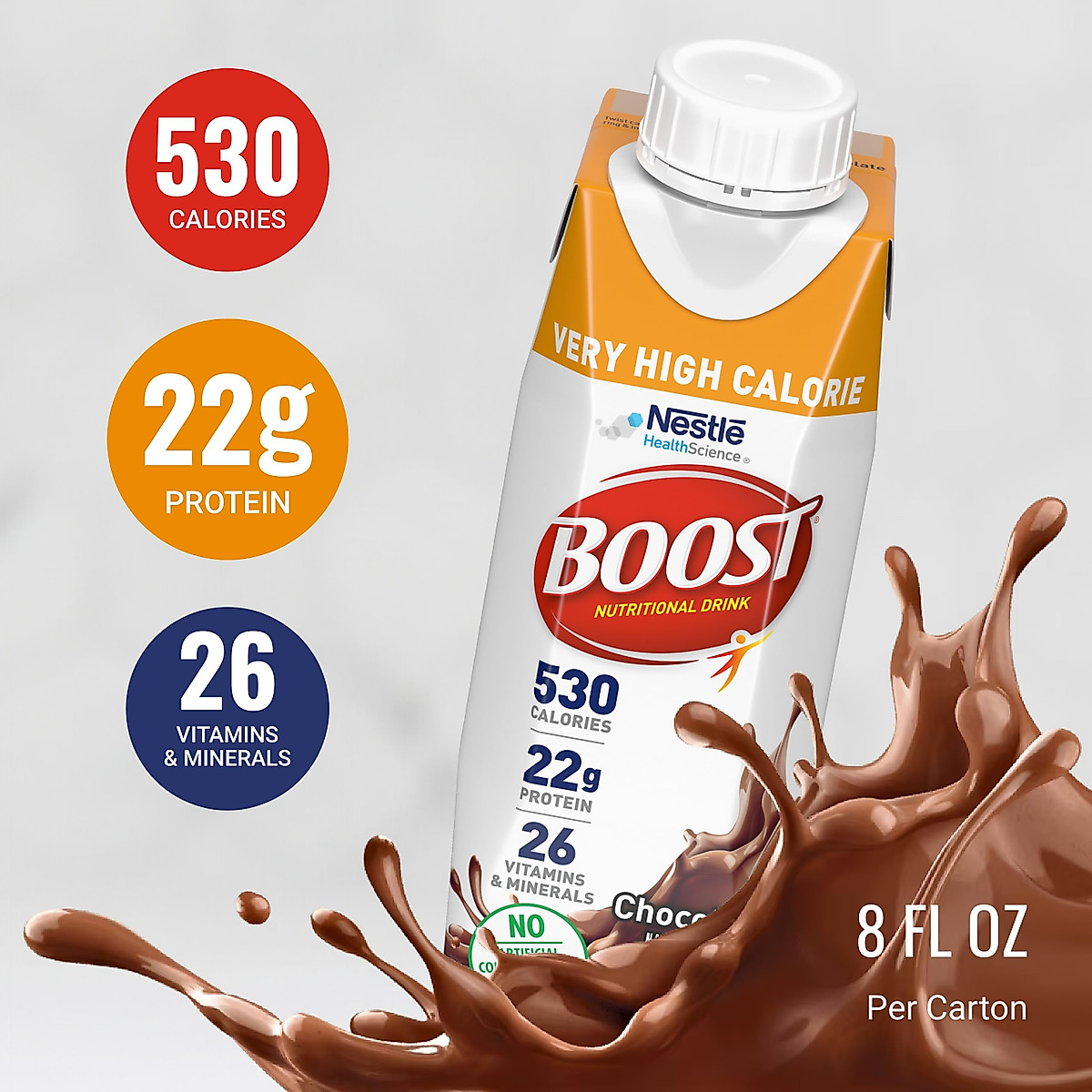 BOOST Very High Calorie Nutritional Drink – Helps Weight Gain & Maintenance - 530 Calories - 26 Vitamins & Minerals - 22 g Protein - Calorie-Dense Nutritional Drink - Chocolate - 8 fl oz (Pack of 24)