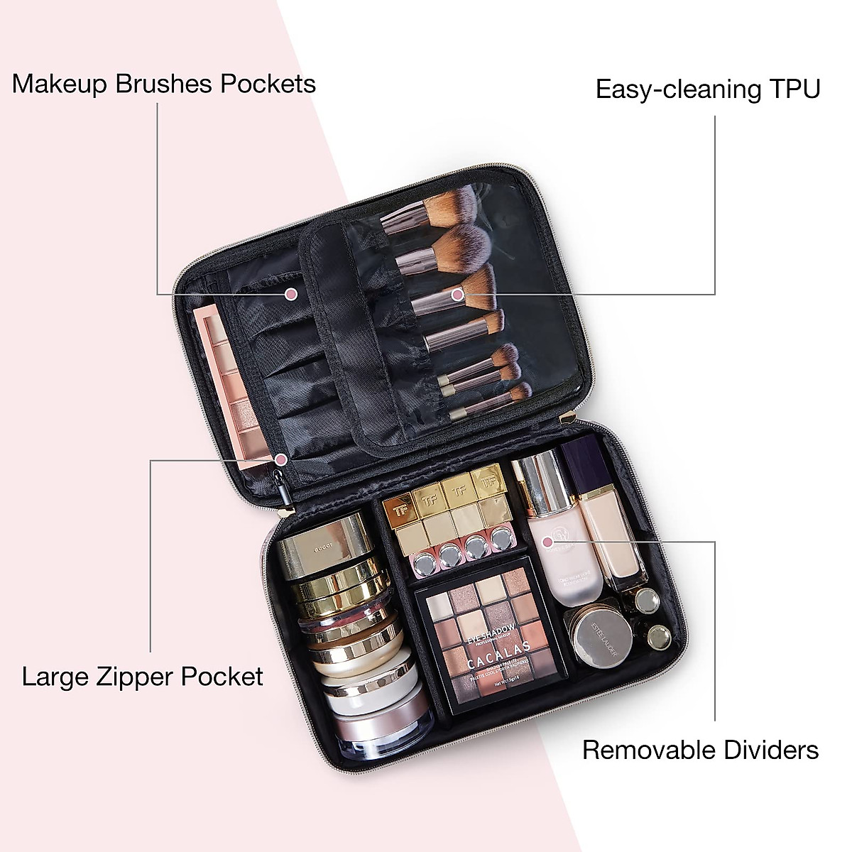 LIGHT FLIGHT Large Makeup Case, Travel Makeup Bag Cosmetic Case Organizer Portable Storage Bag with Adjustable Dividers for Cosmetics Makeup Brushes Toiletry Digital Accessories (Medium, Pink)