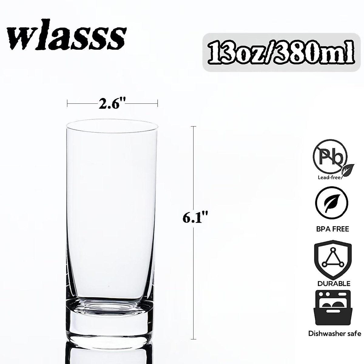 Wlasss Drinking Glasses Set of 6, 13oz Crystal Highball Glasses, Clear Tall Glass Cups,Water Glass for Kitchen, Beer, Juice, Whiskey,Mojito Cocktail Glasses for Bar Glassware
