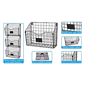 Hanging Metal Wire Storage Basket - X-cosrack 3 Tier Office Wall File Organizer With Hook & Foldable Magazine Mail Document Rack & Bathroom Kitchen Vegetable Fruit Spice Baskets Organizing and Storage