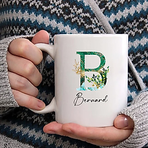 Personalized Ceramic Mug with Add Photo Custom Name Green & Gold Leaf for Women, Customized Coffee Mug Cup 11oz 15oz Gift for Special Day, White Mugs Custom Letter Alphabet Initial for Wife/Mom