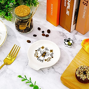 Whaline Bee Spoon Rest Kitchen Decoration Queen Bee Ceramic Coffee Spoon Holder Bee Kind Sauce Dishes Farmhouse Ring Dish for Kitchen Office Summer Bee Day Party Decor