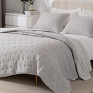 SHALALA Cotton Gauze Quilt Sets,Gray Lightweight Quilt Bedding Sets,Reversible Seersucker Quilts for Queen Bed,3pcs Ultro-Soft Bedspread,Breathable Coverlet for All Season(Full/Queen,Grey)