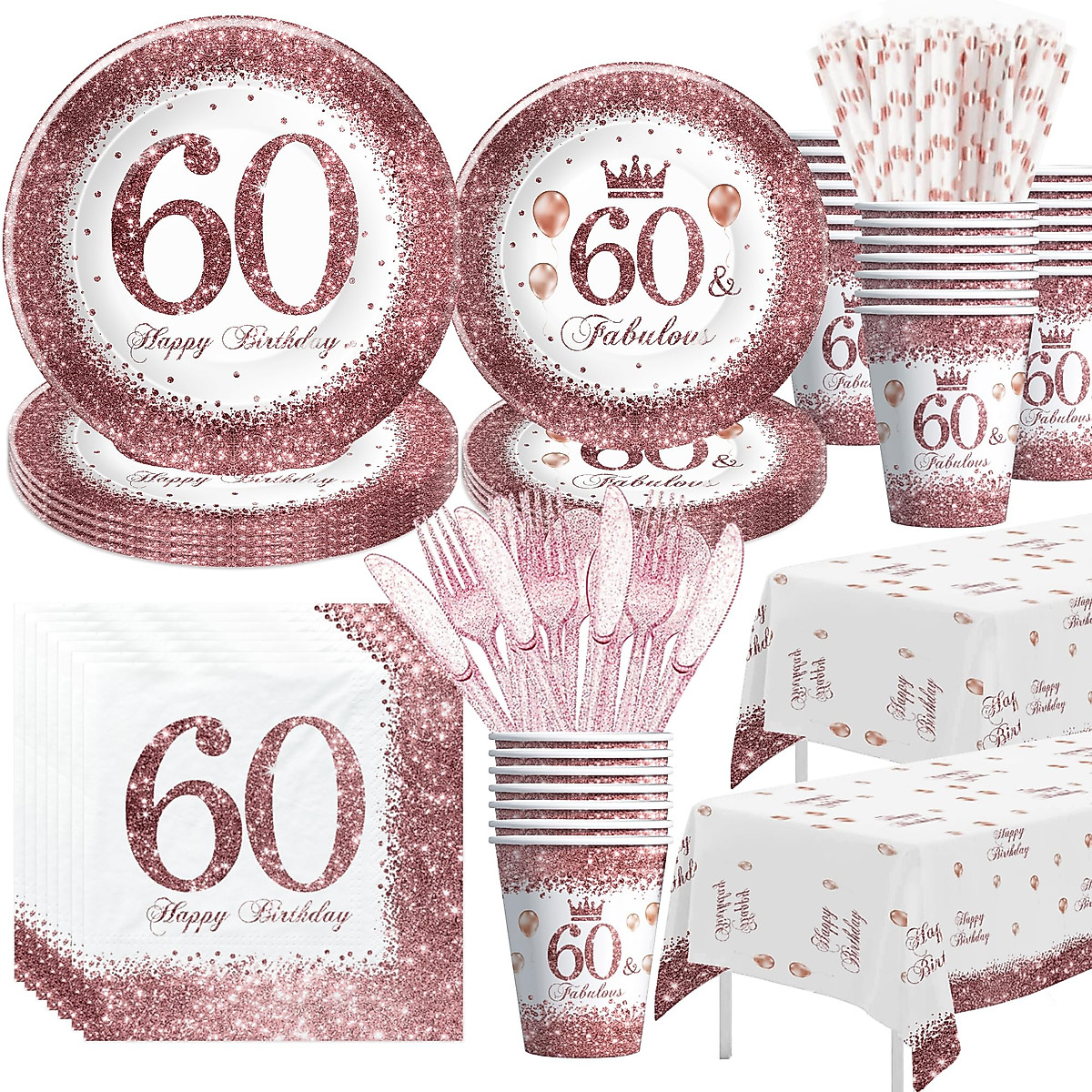 Xigejob 60th Birthday Decorations Women Tableware, Rose Gold 60 And Fabulous Decorations Dinnerware, Plate, Cup, Napkin, Tablecloth, Cutlery, Happy Sixty 60-Year-Old Birthday Party Supplies, Serve 24
