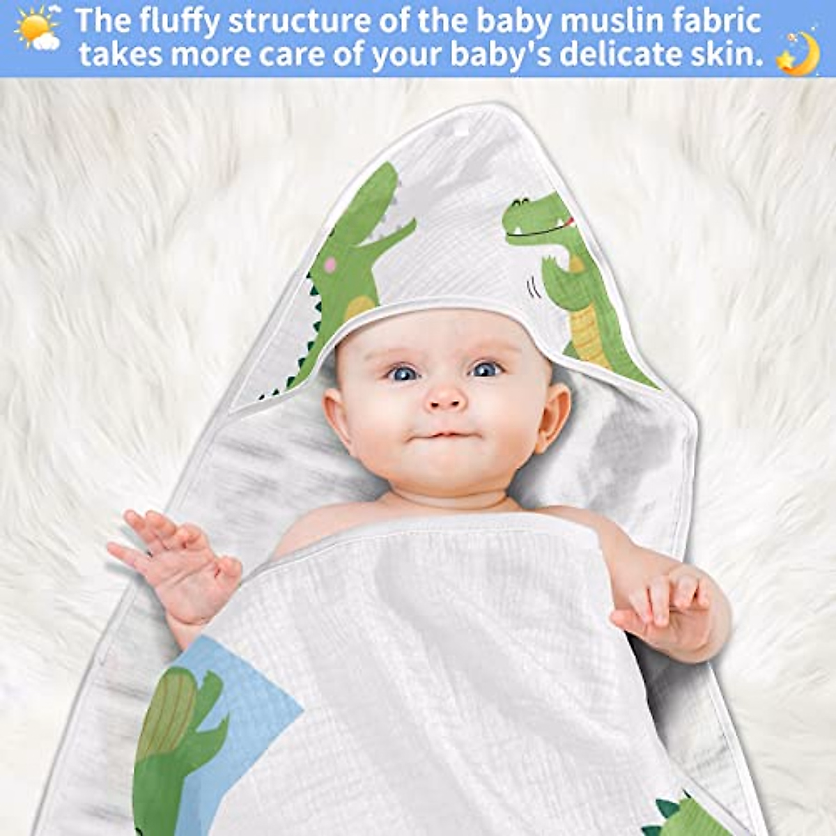 Cute Funny Crocodiles Hooded Baby Towel Alligator Green Predator Animal Baby Bath Towel Unisex Toddlers Hooded Towels Cotton Boy Washcloths Girl Shower Towel for Infant Newborn 30 X 30 in