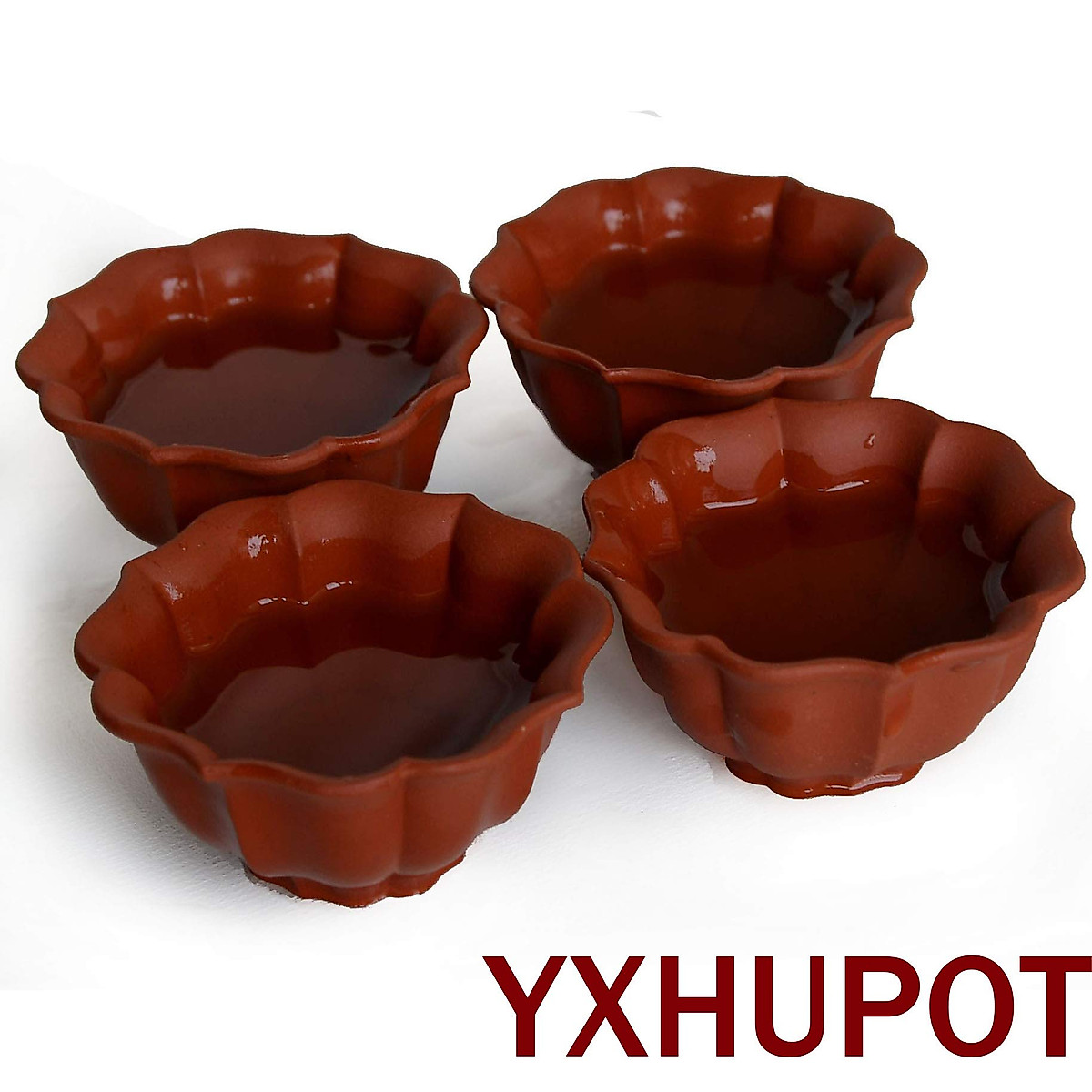 YXHUPOT 4pcs Teacups 2.5oz Chinese Clay Zisha Cup Diamond Flower (Red brown)