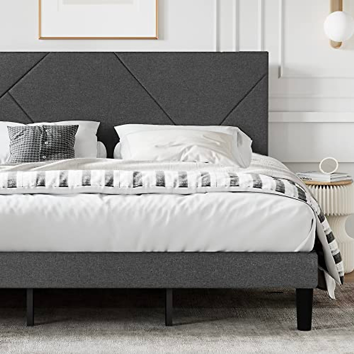 SHA CERLIN King Size Upholstered Bed Frame with Geometric Headboard, Heavy-Duty Platform Bed Frame with Wood Slats Support, Mattress Foundation, No Box Spring Needed, Easy Assembly, Dark Grey