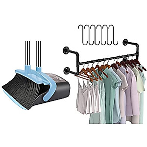 Industrial Pipe Clothes Rack for Hanging Clothes Coats Laundry Room Organizer Storage Hanger Shelf Space Saving, Long Handle Broom and Dustpan Set