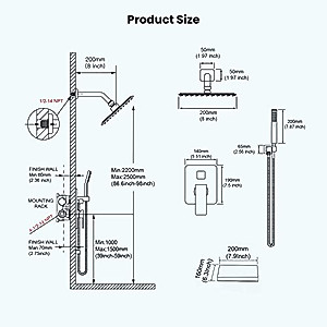 gotonovo Matte Black Shower System Bathroom Shower Faucet Wall Mount 8 Inch Square Rainfall Shower Head 3-Function Waterfall Tub Spout and Hand Held Spray with Rough-in Valve and Shower Trim Included