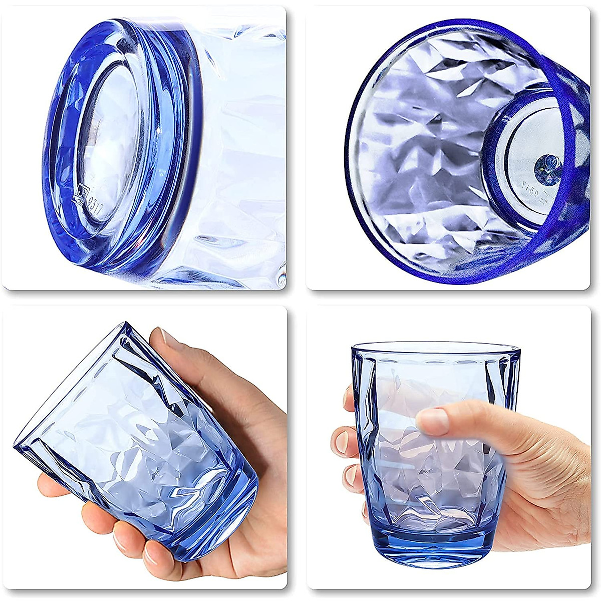 Topsky 10 oz Plastic Water Tumblers | Set of 4 Transparent Unbreakable Drinking Glasses Clear Acrylic Reusable Juice Wine Cups for Home Picnic Party, Dishwasher Safe, Stackable (Blue)