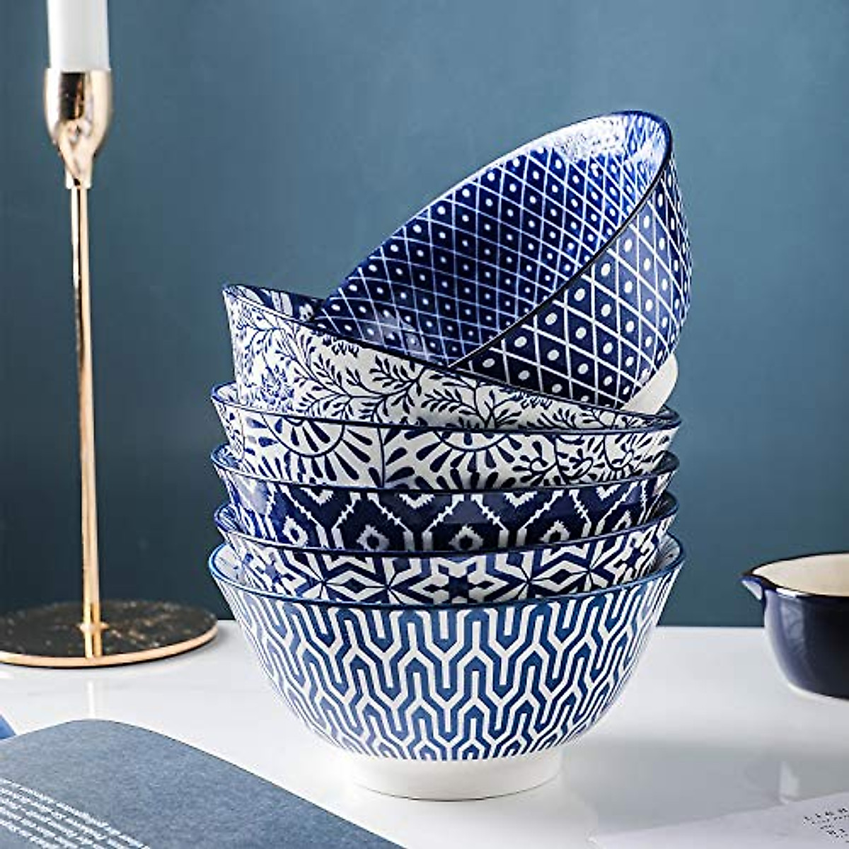 Selamica Blue and White Porcelain 20oz Cereal Bowl Set - Set of 6, 6 inch Soup Bowls, Ceramic bowls for Cereal, Soup, Salad and Pasta, Vintage Blue, Gift Pack