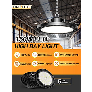 ONLYLUX 12 Pack UFO LED High Bay Lights, 150W 5000K Daylight, 22500LM (Eqv. 800W MH/HPS), Commercial LED Shop Lights with US Plug for Garage Workshop Warehouse Barn, Plug&Play