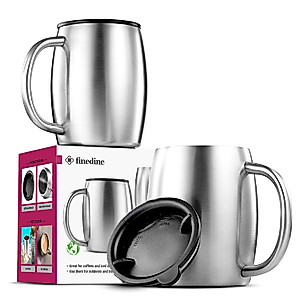 FineDine Insulated Stainless-Steel Coffee Mug with Lid and Handle (2 Pk) 14 oz - BPA-Free Spillproof Lid, Double-Wall Camping Travel Coffee Mugs, White/Black