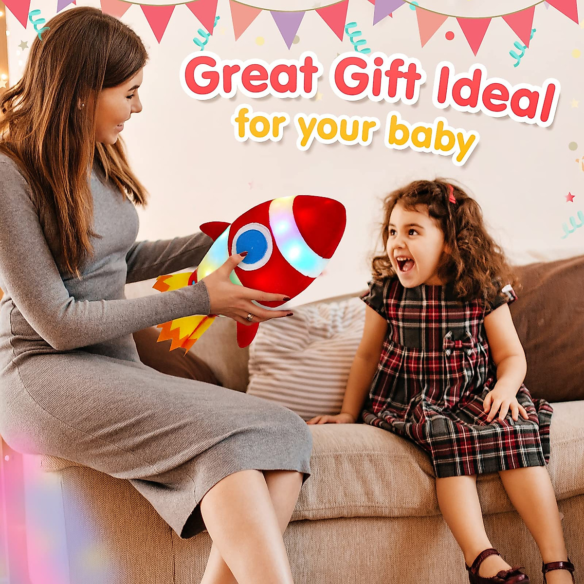 BSTAOFY Light up Red Rocket Plush Toys Stuffed LED Glow Soft Cozy Nightlight Kids Gifts for Toddlers on Birthday Valentines Christmas, 14.5’’