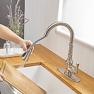 Kitchen Faucet Brushed Nickel with Pull Out Sprayer Commercial High Arc 3 Functions Farmhouse Faucet for Kitchen Sink Single Handle Single Hole with Deck Plate Kitchen Faucets by BWE