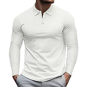 Lexiart Mens V Neck Polo Shirts Casual Long Sleeve Slim Fit Golf T-Shirts Cotton Top Tees White