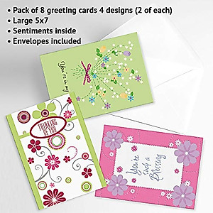 Thinking of You Greeting Cards Value Pack III- Set of 8 (4 Designs) Large 5" x 7" Cards, Sentiments Inside, Friendship Cards