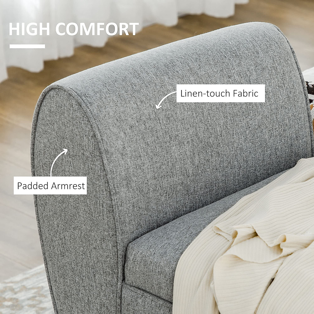 HOMCOM Upholstered Storage Ottoman, Armed Storage Bench with Rubber Wood Legs for Living Room, Light Gray