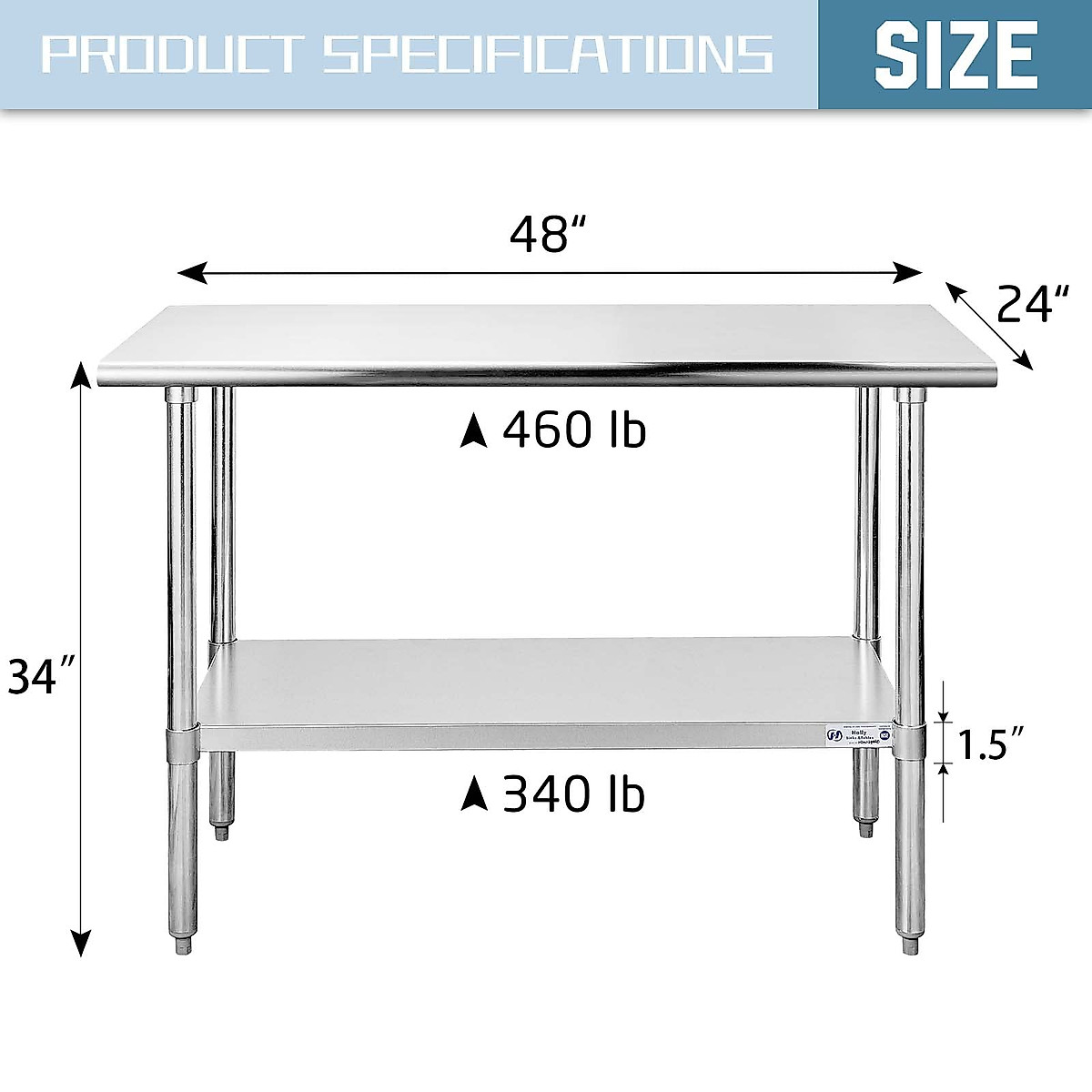 Hally Stainless Steel Table with Double Overshelf for Prep & Work 24 x 48 Inches, NSF Commercial Heavy Duty Table with Undershelf for Restaurant, Home and Hotel