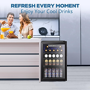 Joy Pebble Beverage Refrigerator Cooler,95 Can Mini Fridge with Glass Door for Beer Soda Wine, Small Drink Fridge with Adjustable Thermostat, Beverage Fridge for Bar Home Office,2.6Cu.Ft