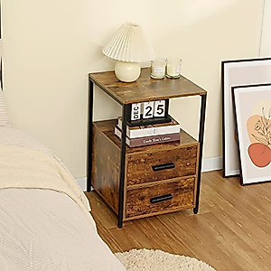 usikey Nightstand Set of 2, Industrial End Table with 2 Drawers & Open Shlef, Side Table with Sturdy Black Metal Frame, Modern Beside Table for Bedroom, Living Room, Home, Small Space, Rustic Brown