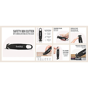 Safety Box Cutter. tksUSA here, your Cutter Stainless, Steel Package Opener. Pack Safety Knife Package Box Opener with Ergonomic Film Cutting Blade for Box, Carton, Shrink Wrap, Plastic Straps