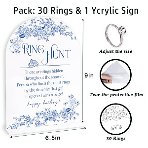 Blue Flower Bridal Shower Party Ring Scavenger Hunt, The Ring Hunt Game, 1 Sign & 30 Rings, Bridal Shower Decoration, Wedding Party Games(xzjz03)