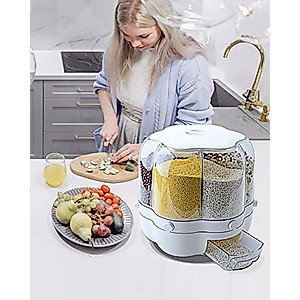 WOWFUNNY Grain Dispenser, 7.2 Qt Rotating Rice Dispenser Storage Container, 6-Compartment Dry Food Dispenser with Measuring Cup, Food Storage Containers for Kitchen Small Grains, Beans, Rice (7.2Qt)