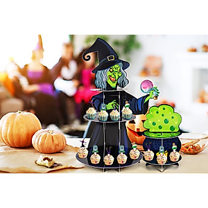 2 Set Halloween Witch Cupcake Stand Decorations, 3 - Tier Cardboard Cauldron Tray Holder Plus 24 Cake Toppers Birthday Party Supplies Decor（Assembly Needed）