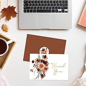 Whaline 32 Packs Fall Floral Gold Foil Thank You Cards Watercolor Flower Greeting Cards Autumn Blank Note Cards with Envelopes and Stickers for Thanksgiving Wedding Birthday Party, 4 x 6 Inch
